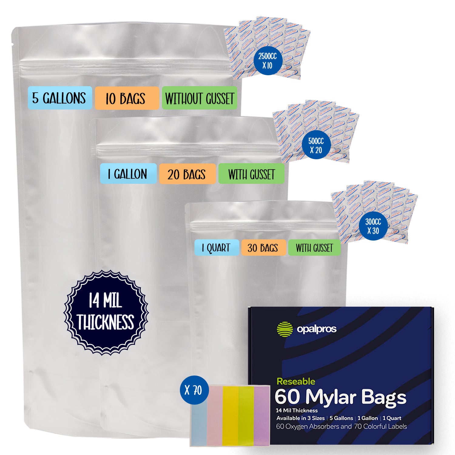 Opalpros 60 Pcs 14 Mil Mylar Bags For Food Storage opalpros-60-pcs-14-mil-mylar-bags-for-food-storage